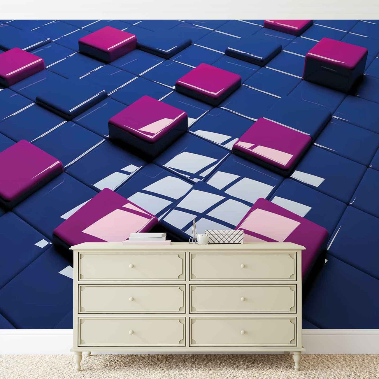 Modern Abstract Squares Blue Purple Fototapet, Tapet på Europosters.dk