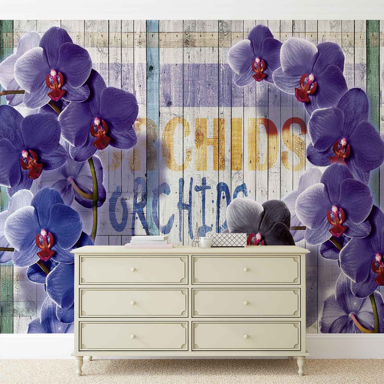 Orchids Flowers Wooden Planks Wall Mural | Buy online at UKposters