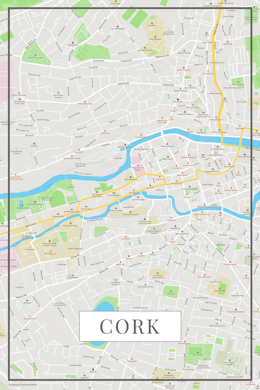 Mapa Cork color ǀ Mapas de ciudades y mapas mundiales para tu pared ...