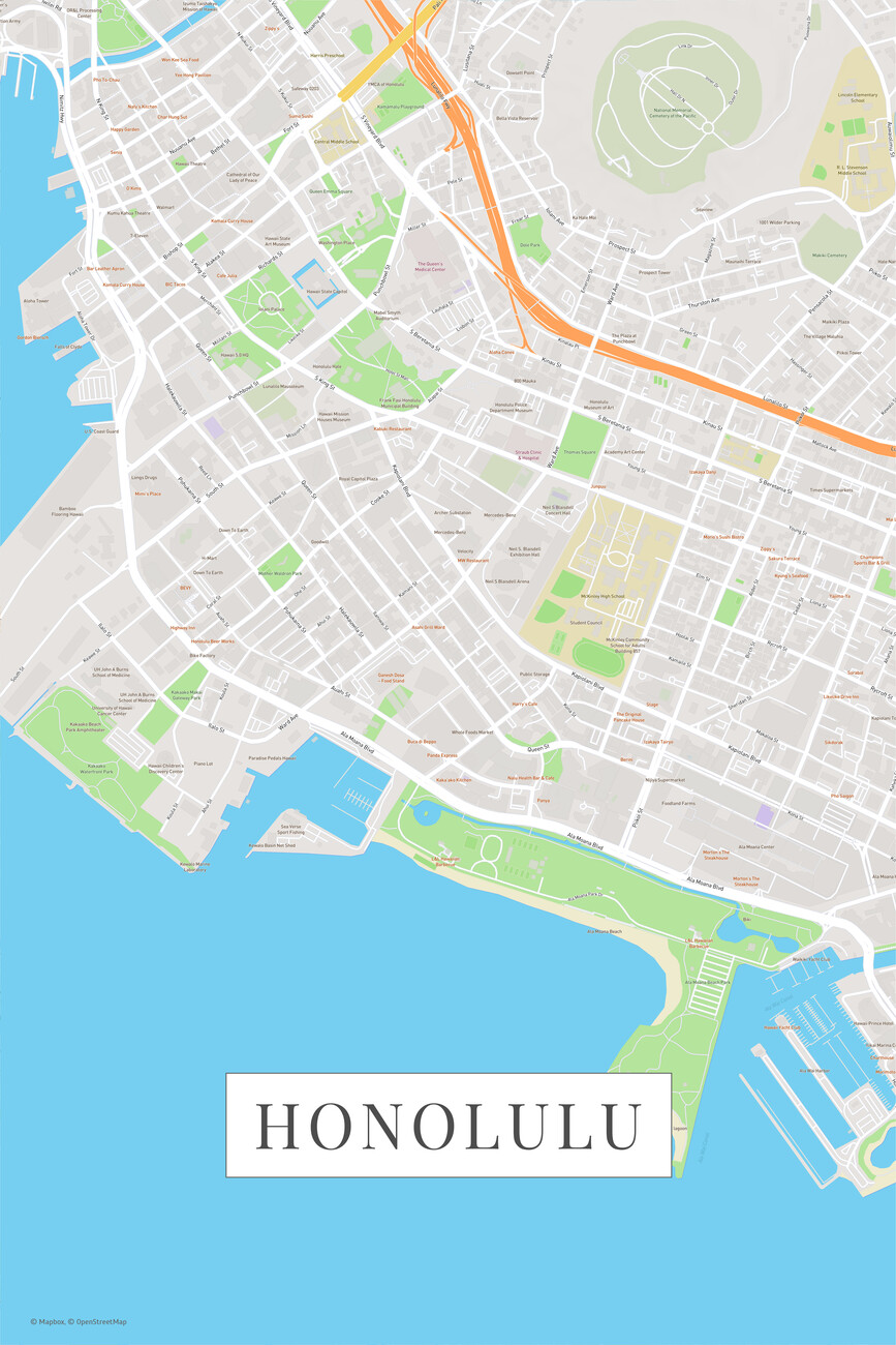 Carte de Honolulu color ǀ Toutes les cartes et planisphères sur le mur ...