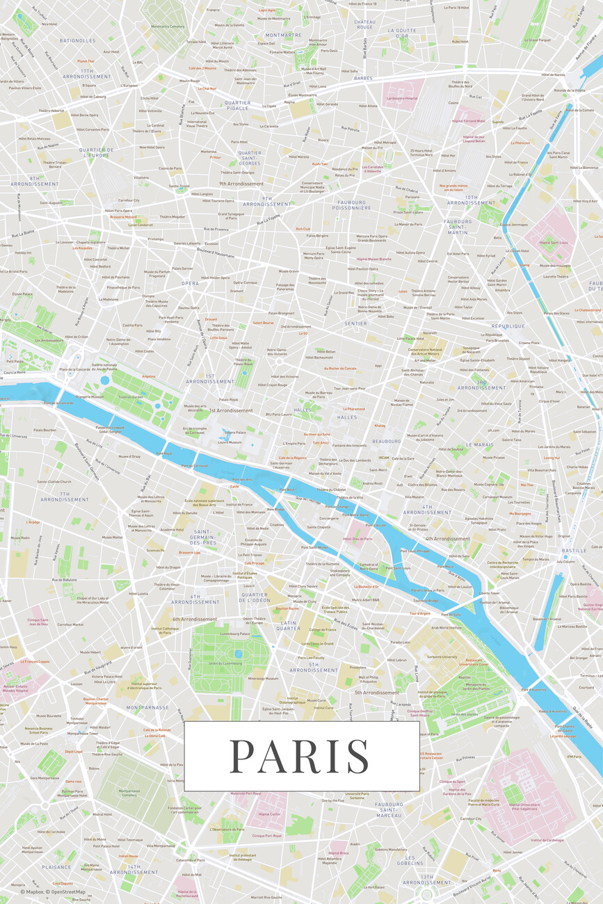 Kort Paris color ǀ Bykort og verdenskort plakater på væggen | Europosters