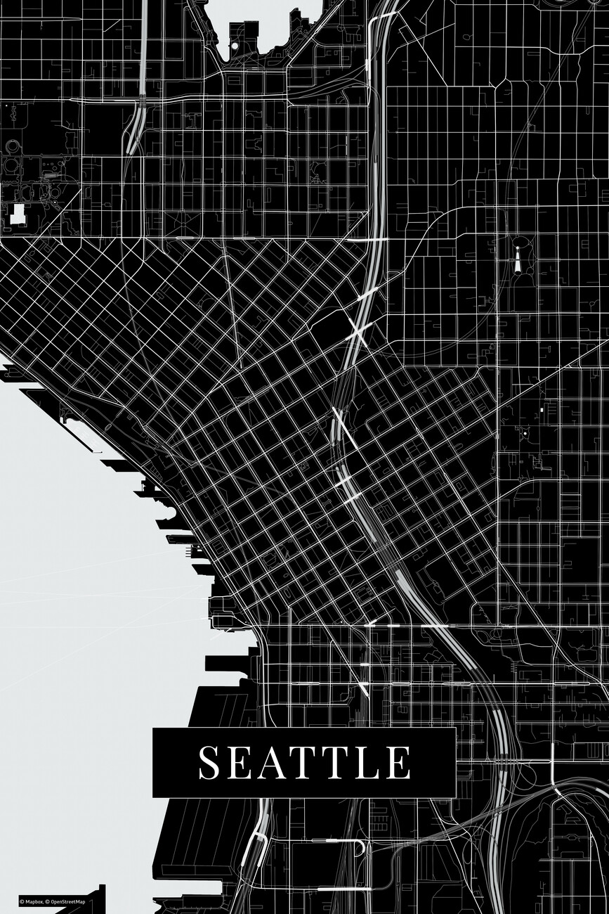 Mapa de Seattle black ǀ Mapas de ciudades y mapas mundiales para tu pared