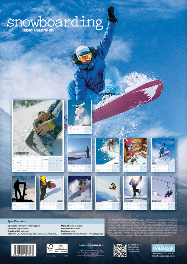 Snowboarding - Calendarios de pared 2016 | Consíguelos en Posters.es