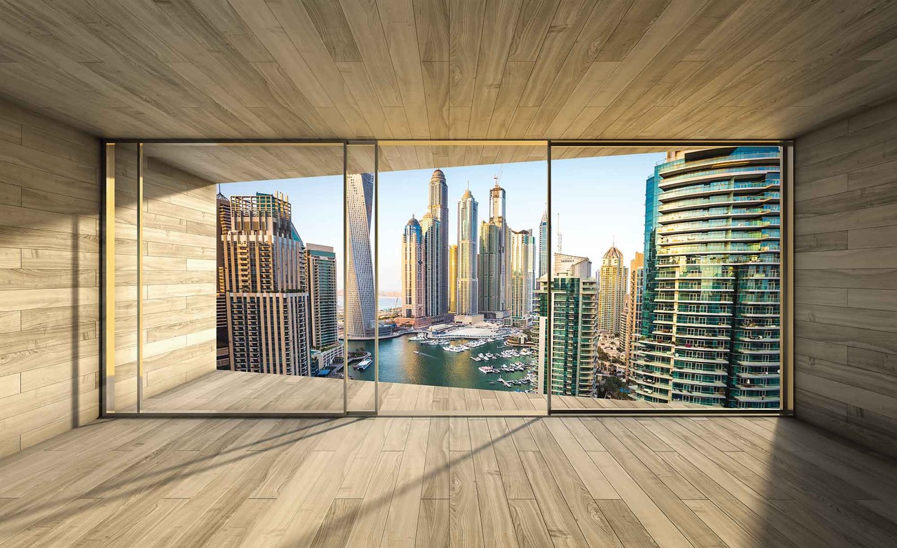 Window Dubai City Skyline Marina Fotobehang, Behang - Bestel nu op ...