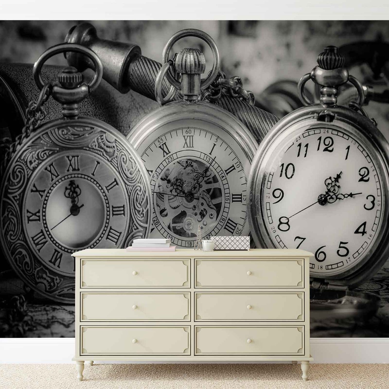 Fotomural Relojes Relojes Negro Blanco, Papel pintado | Posters.es