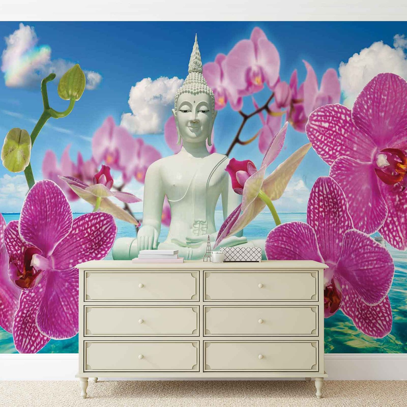 Fotomural Zen Flores Orquideas Buda Agua Cielo, Papel pintado | Posters.es
