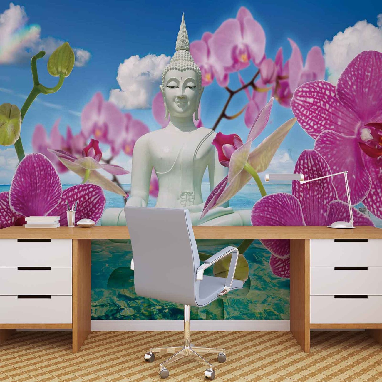Fotomural Zen Flores Orquideas Buda Agua Cielo, Papel pintado | Posters.es