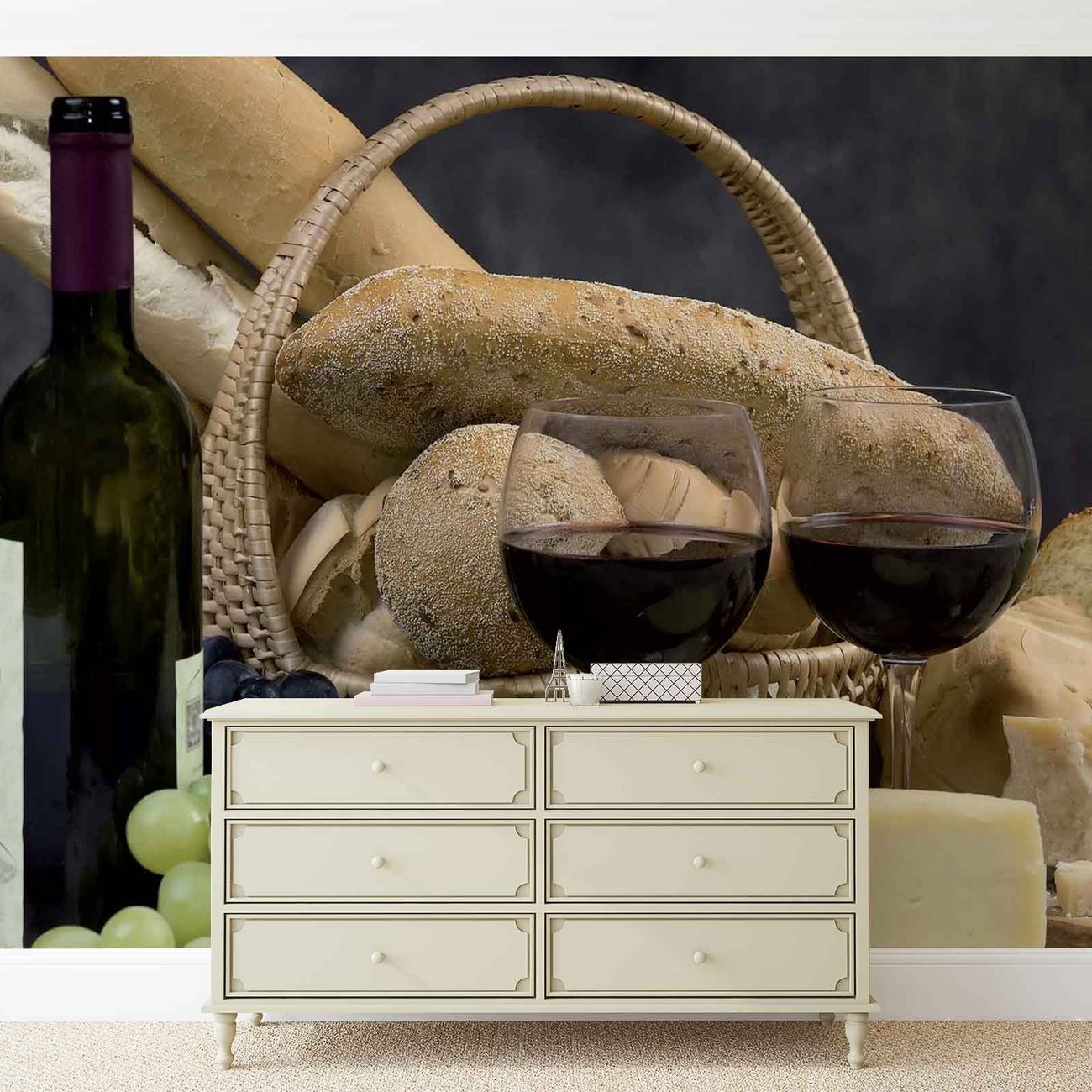 Fototapete, Tapete Wein Brot Trauben bei EuroPosters - Kostenloser Versand