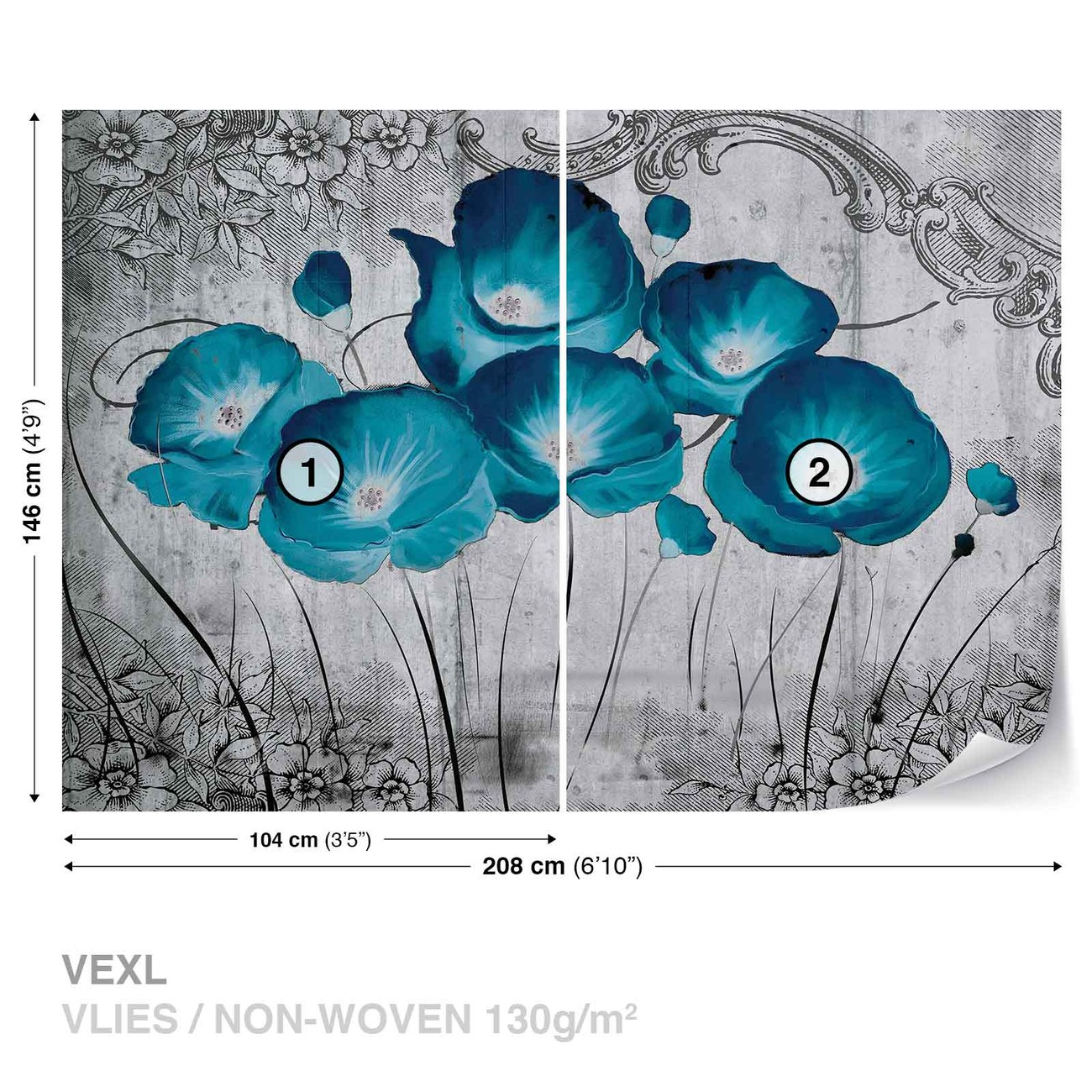 Modré květiny - Vintage černobílý obraz fototapeta, tapeta na zeď na ...