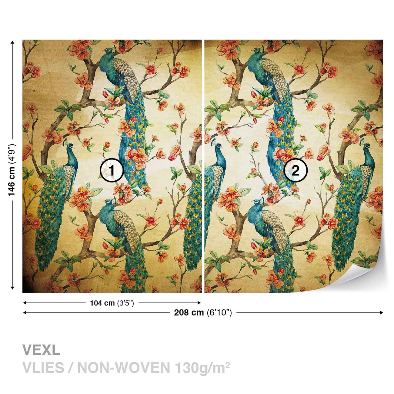 Fotomurale, carta da parati Motivo Vintage Pavone Fiori | Europosters