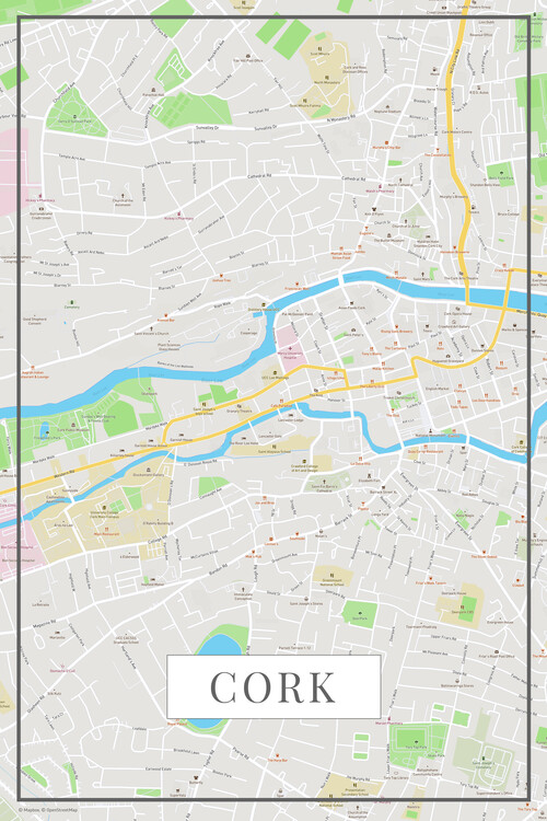 Mapa de Cork color ǀ Mapas de ciudades y mapas mundiales para tu pared