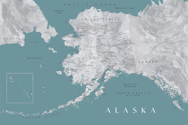 Karte Detailed map of Alaska en teal and grey watercolor, Blursbyai ǀ ...