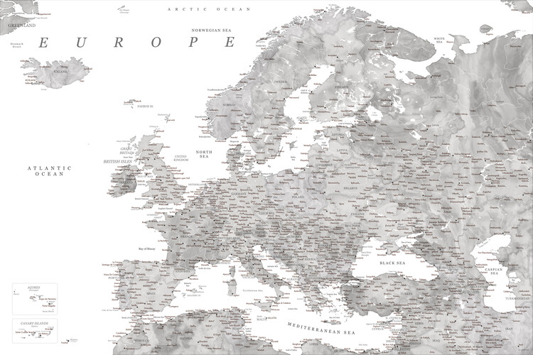 Χάρτης Detailed map of Europe in gray watercolor, Blursbyai ǀ Όλοι οι ...