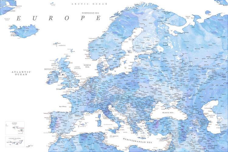 Mapa Detailed map of Europe in shades of blue watercolor, Blursbyai ǀ ...