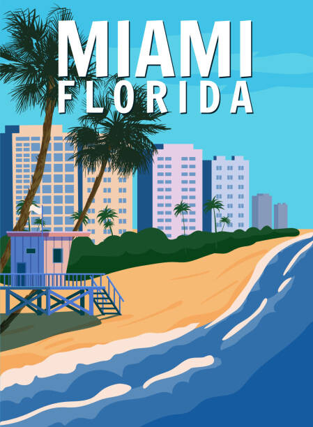 Артистични илюстрация | Miami Beach City Skyline, Retro Poster ...