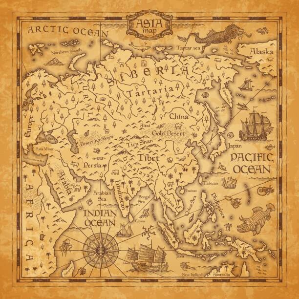 Harta Vintage map of Asia, vector ancient parchment, seamartini ǀ Harta ...