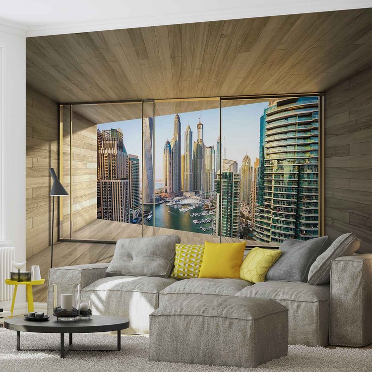 Window Dubai City Skyline Marina Fotobehang, Behang - Bestel nu op ...
