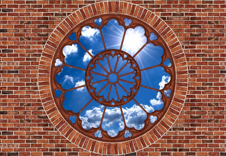 Sky Ornamental Window View Brick Wall Fototapet, Tapet på Europosters.dk