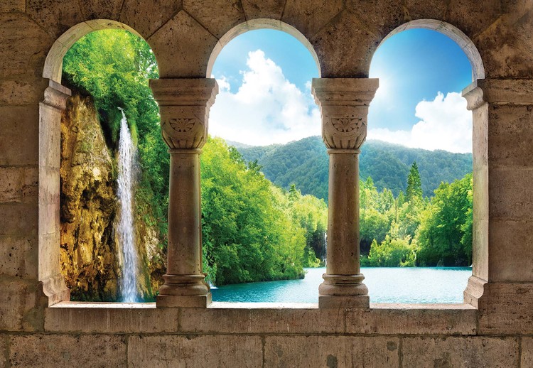 Lake Waterfall View Through Stone Arches Fototapeta, Tapeta | Kup na ...