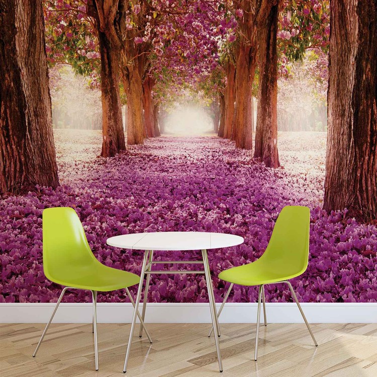 Chemin dans les Arbres en Fleur Rose Poster Mural, Papier peint ...