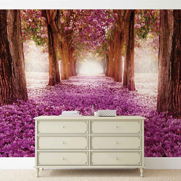 Chemin dans les Arbres en Fleur Rose Poster Mural, Papier peint ...