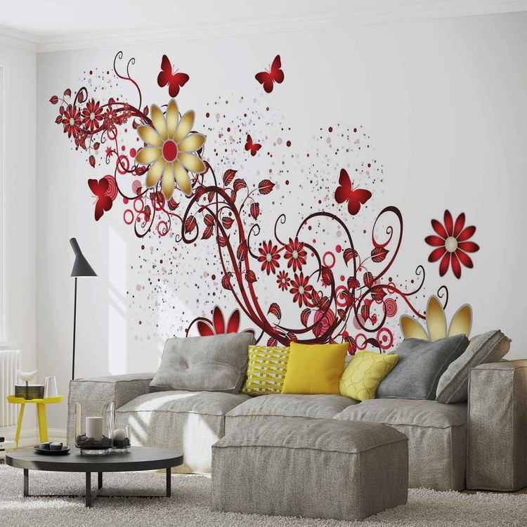 Fleurs Papillons Motif Rouge Poster Mural, Papier peint | Acheter-le ...