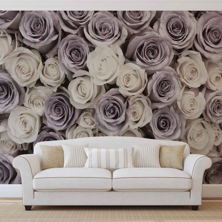 Roses Fleurs Blanches et Violettes Poster Mural, Papier peint | Acheter ...